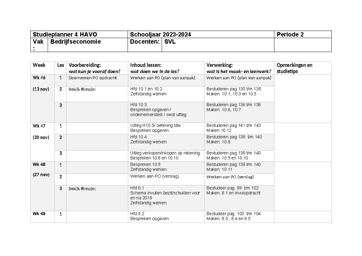 2324%20Studieplanner%20BE%204H%20P2 - Studieplanner 4 HAVO Schooljaar 2023-2024 Periode 2 Vak ...