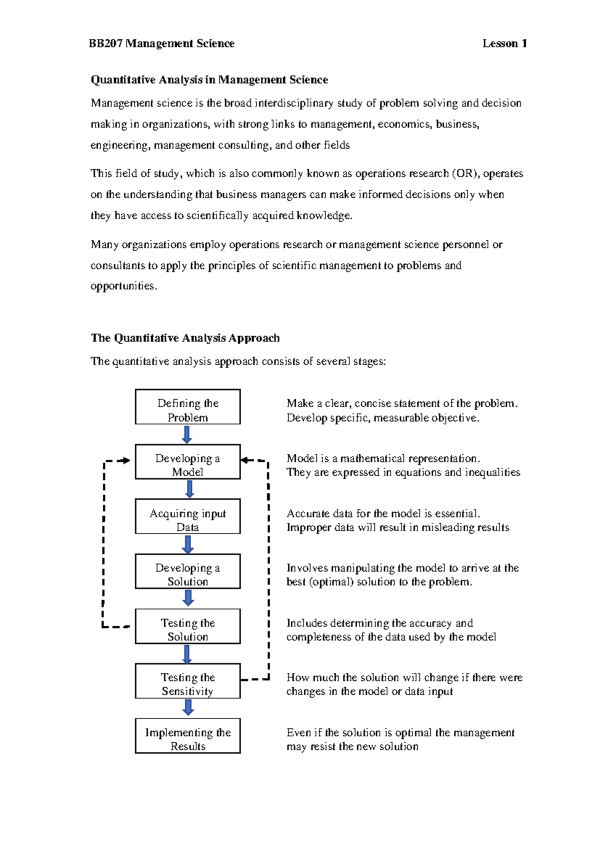 Lesson 1 - n/a - BB207 Management Science Lesson 1 Quantitative ...