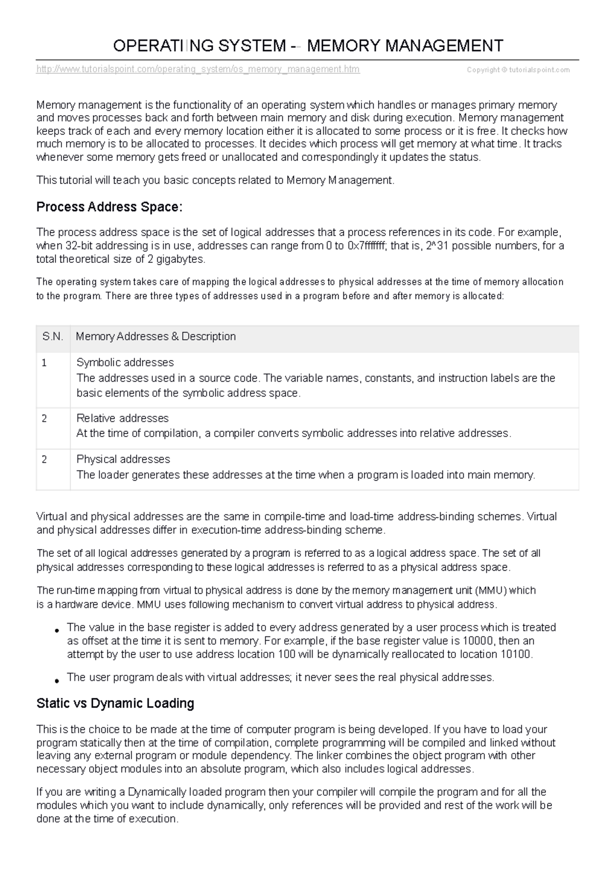 Memory Allocation Techniques - OPERATIING SYSTEM - MEMORY MANAGEMENT - Studocu
