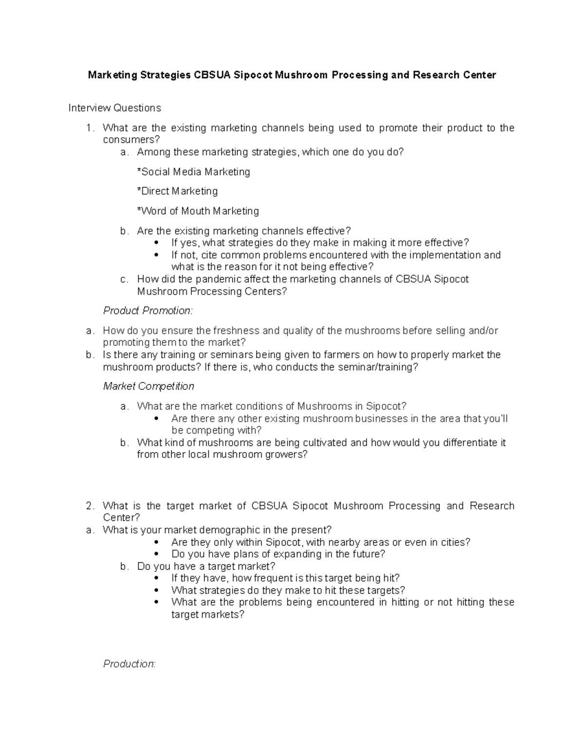 Questionnaire - Marketing Strategies CBSUA Sipocot Mushroom Processing ...