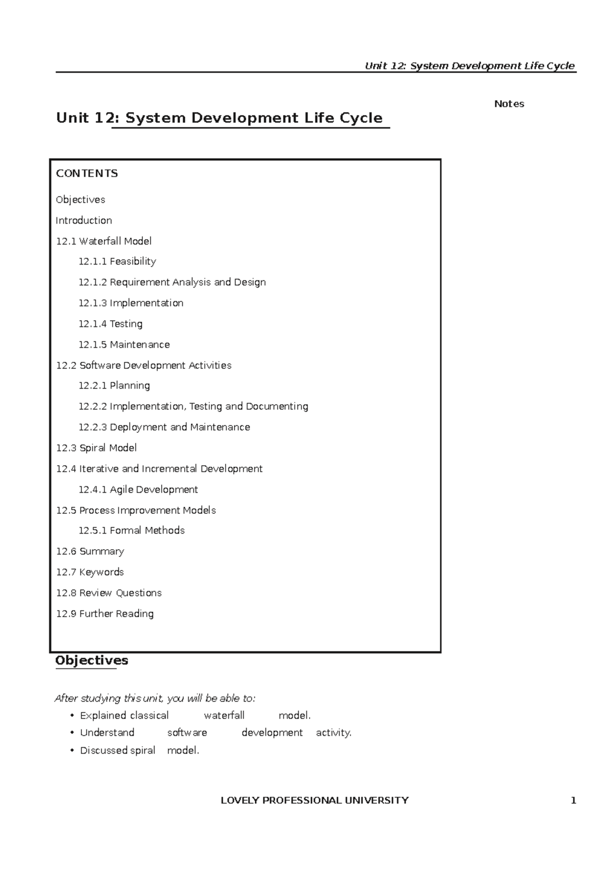 Unit 12 - notes - Notes Unit 12: System Development Life Cycle CONTENTS ...