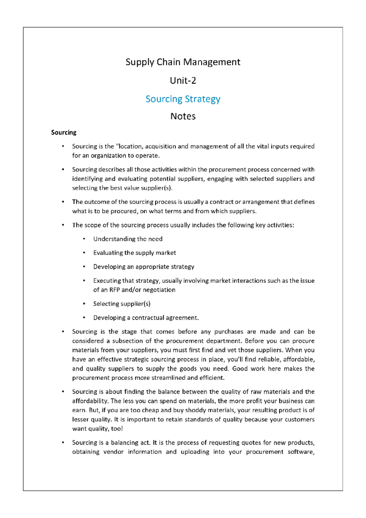 SCM U2 - Lecture notes 2 - Supply Chain Management - PESU - Studocu