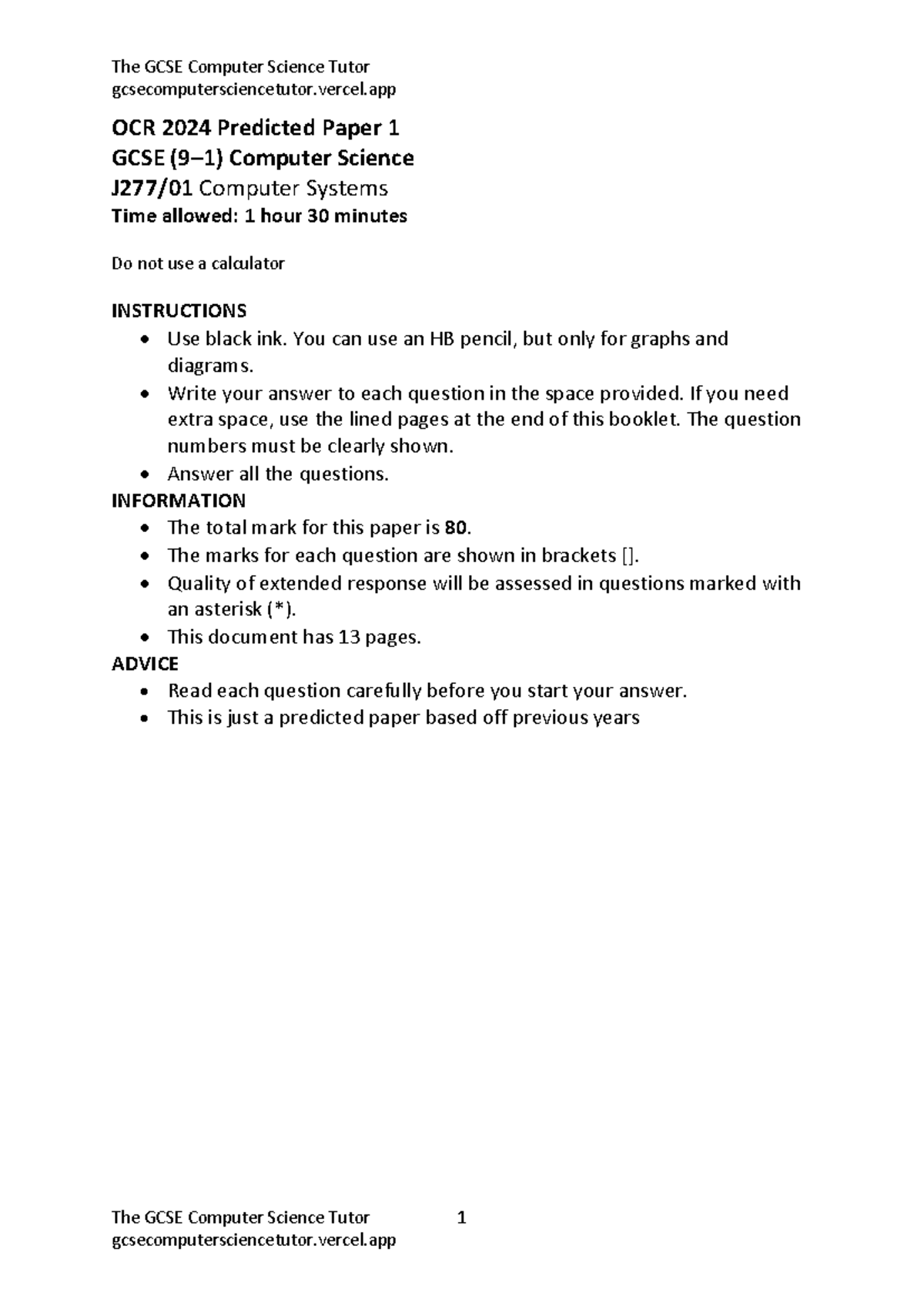 OCR Predicted Paper 1 2024 - gcsecomputersciencetutor.vercel The GCSE ...