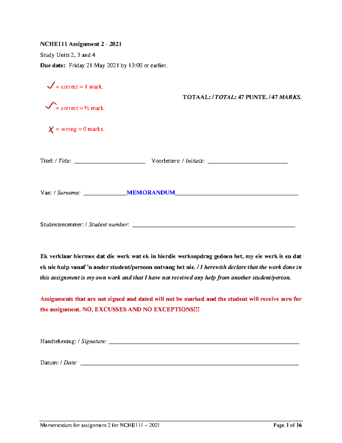 Memorandum for Assignment 2 - NCHE111 Assignment 2 - 2021 Study Units 2 ...
