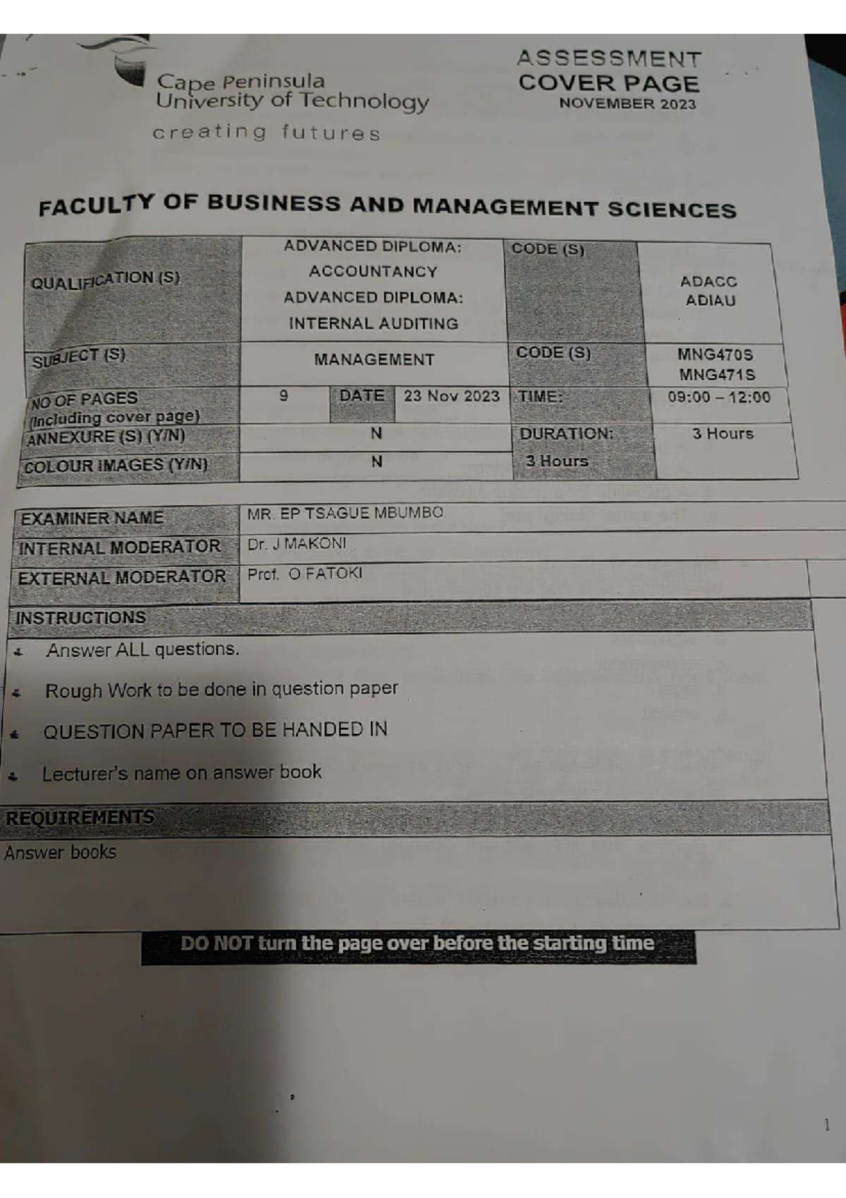 General Management NOV EXAM QP - ASSESSMENT Cape Peninsula COVER PAGE ...