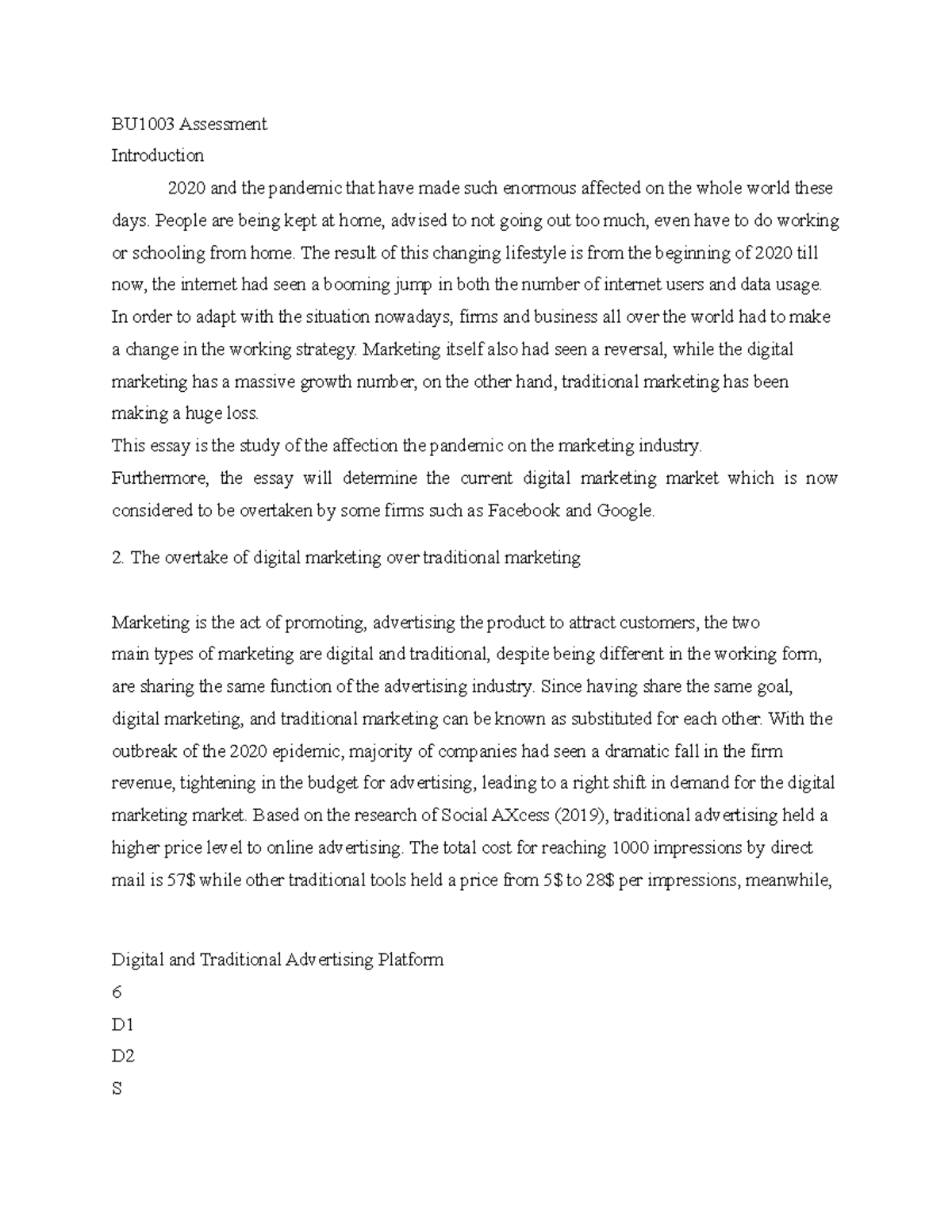 BU1003 Assessment 2 report - BU1003 Assessment Introduction 2020 and ...