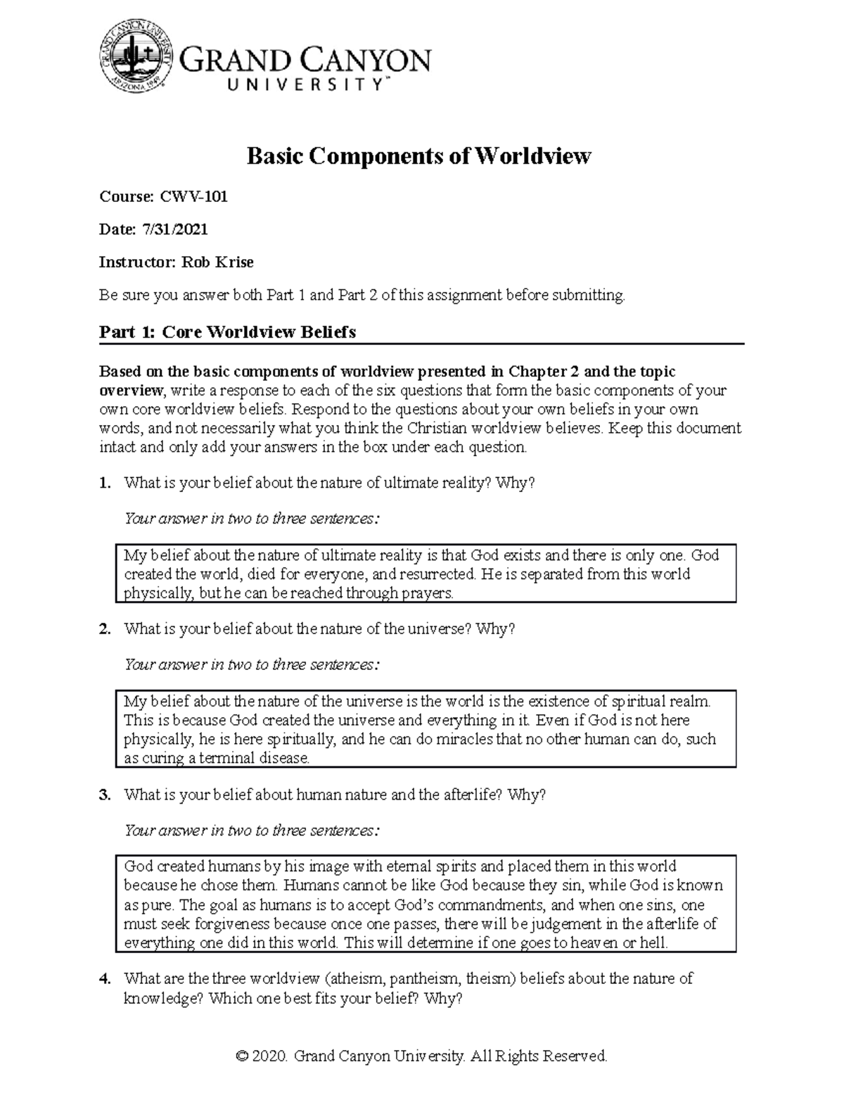 CWV 101 301 RS T1Basic Components Of Worldview - Basic Components of Worldview Course: CWV- Date ...