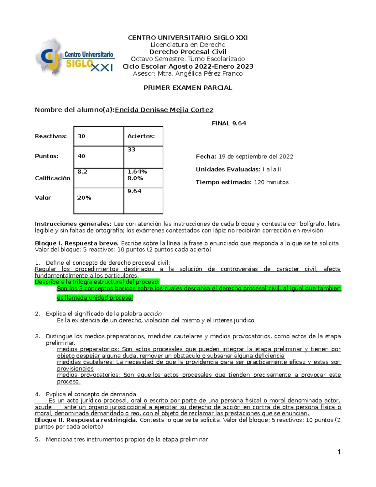 Primer Examen Parcial Escolarizado Procesal Civil Siglo XXI eneida ...