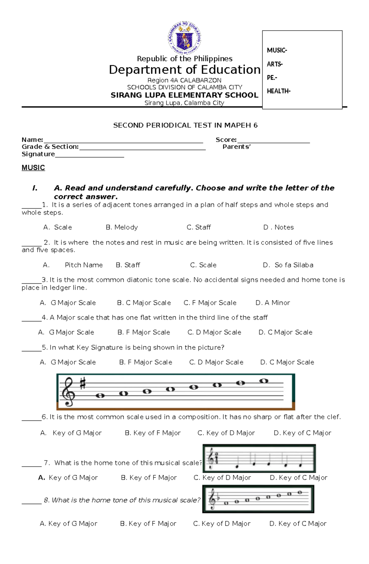 Mapeh 6- Second Periodical TEST with TOS - Republic of the Philippines ...