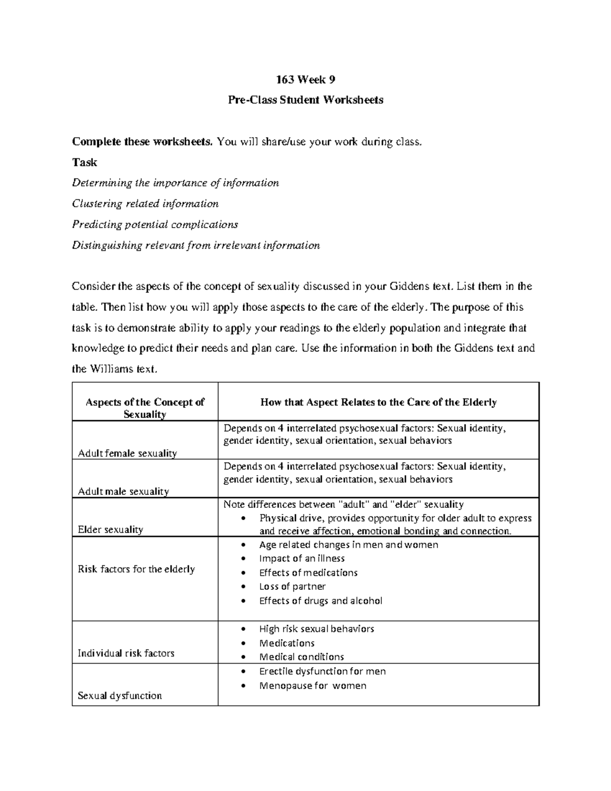 Week 9 Pre-Class Assignments - 163 Week 9 Pre-Class Student Worksheets Complete these worksheets ...