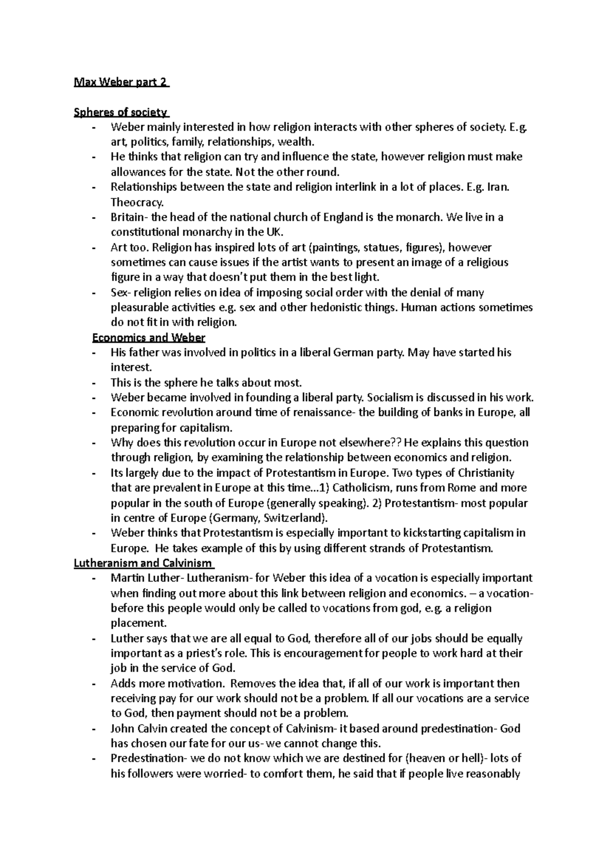 Max Weber part 2 - Lecture notes 4 - Max Weber part 2 Spheres of ...