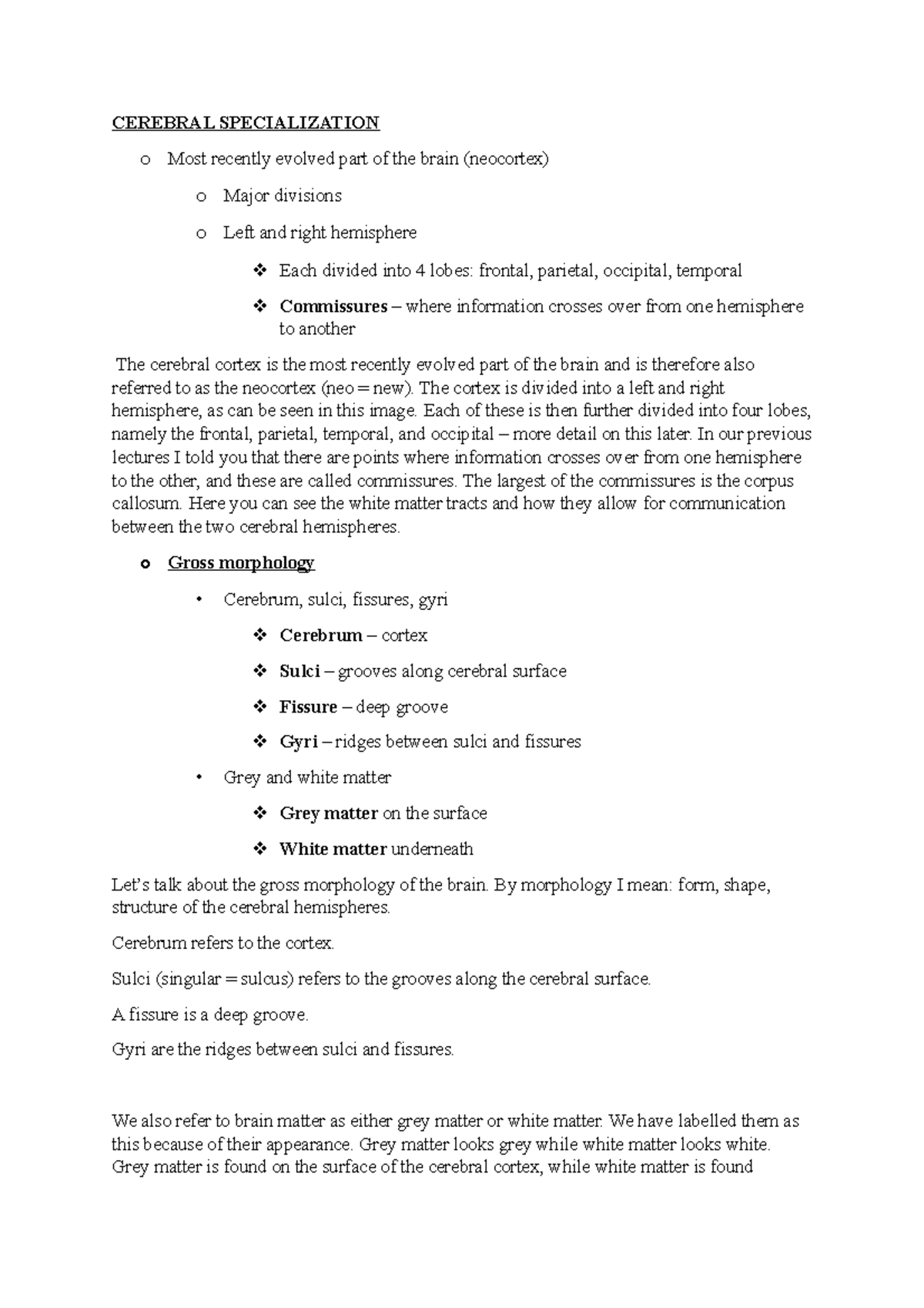 PSY 3010S NOTES: Cerebral Specialization - CEREBRAL SPECIALIZATION o ...