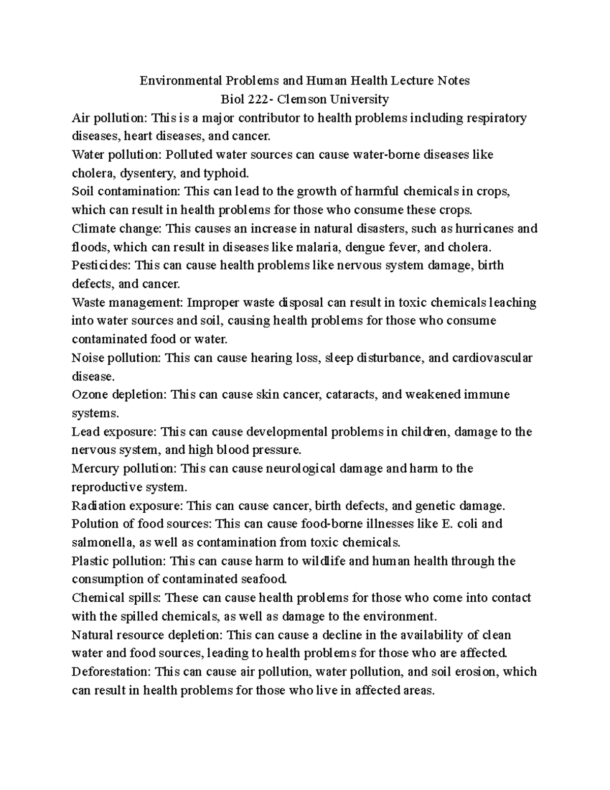 Environmental Problems and Human Health Lecture Notes - Water pollution ...