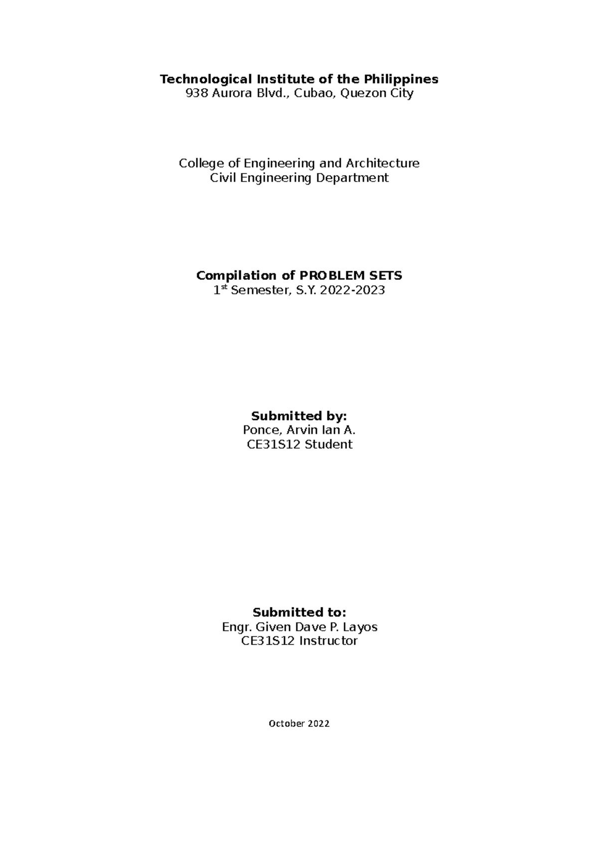 Problem Set Compilation Front Page Final-1 - Technological Institute of ...