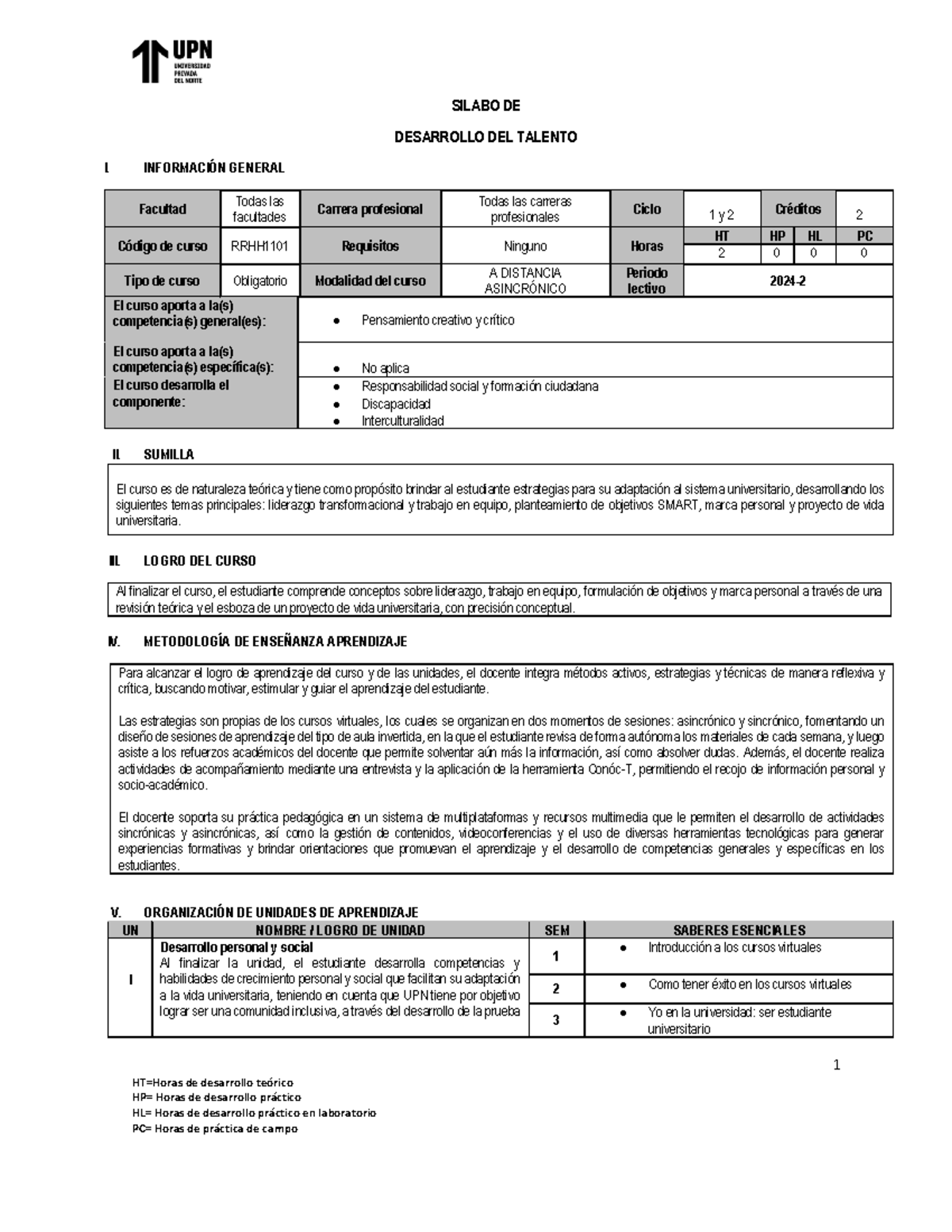 Silabo Desarrollo - 1 HT=Horas de desarrollo teórico HP= Horas de desarrollo práctico HL= Horas ...