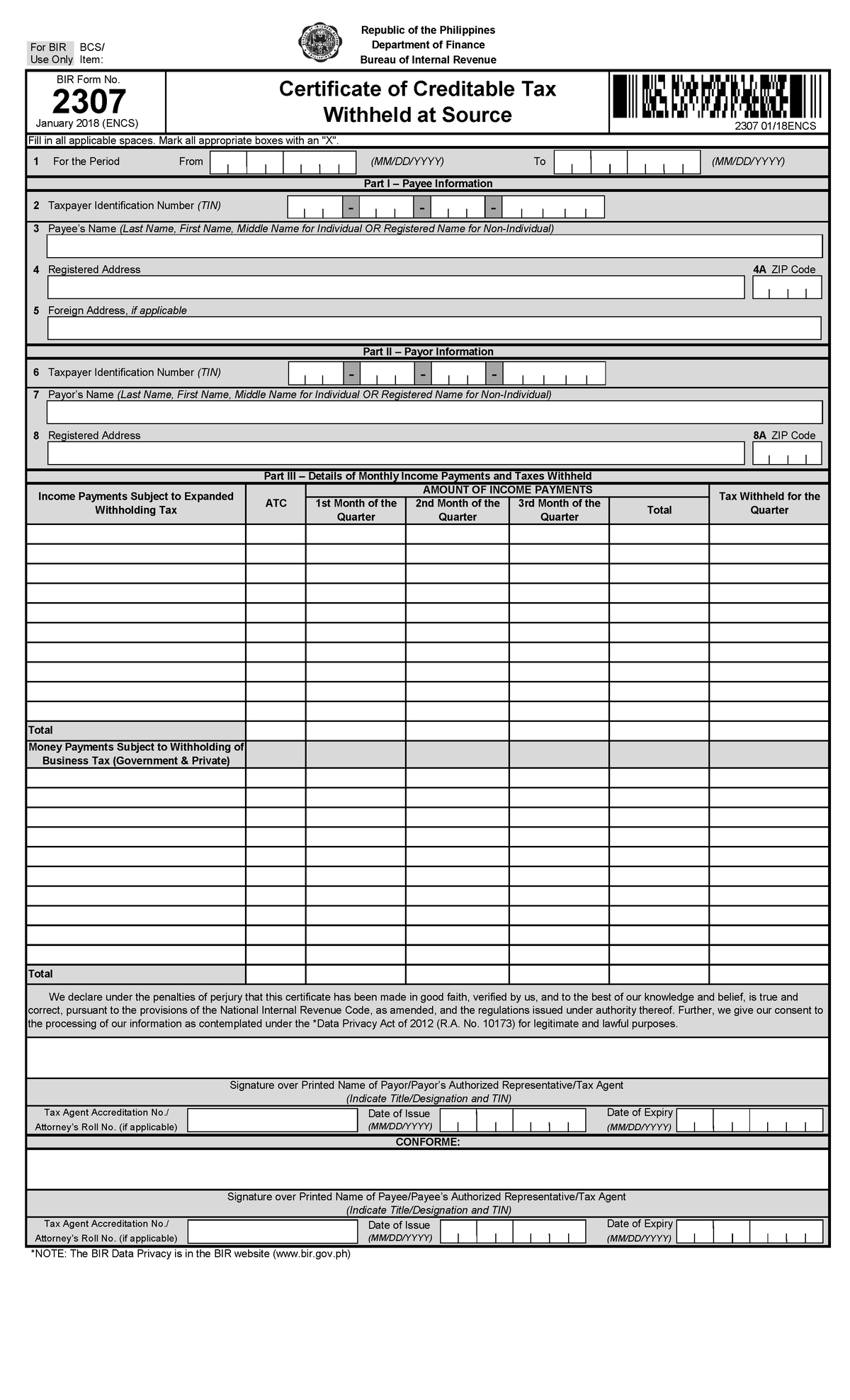 BIR Form 2307 - BIR Form 2307 updated 2018 - Fill in all applicable ...