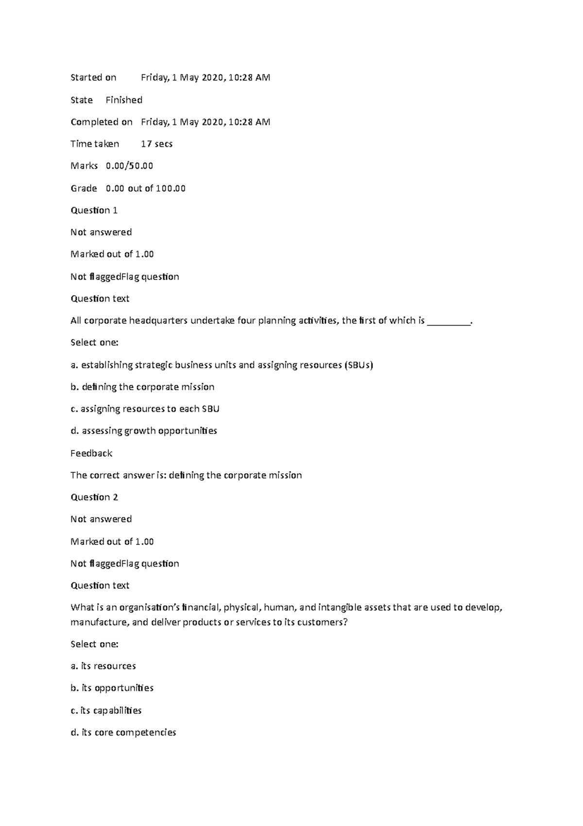 Sample/practice exam - Started on Friday, 1 May 2020, 10:28 AM State ...