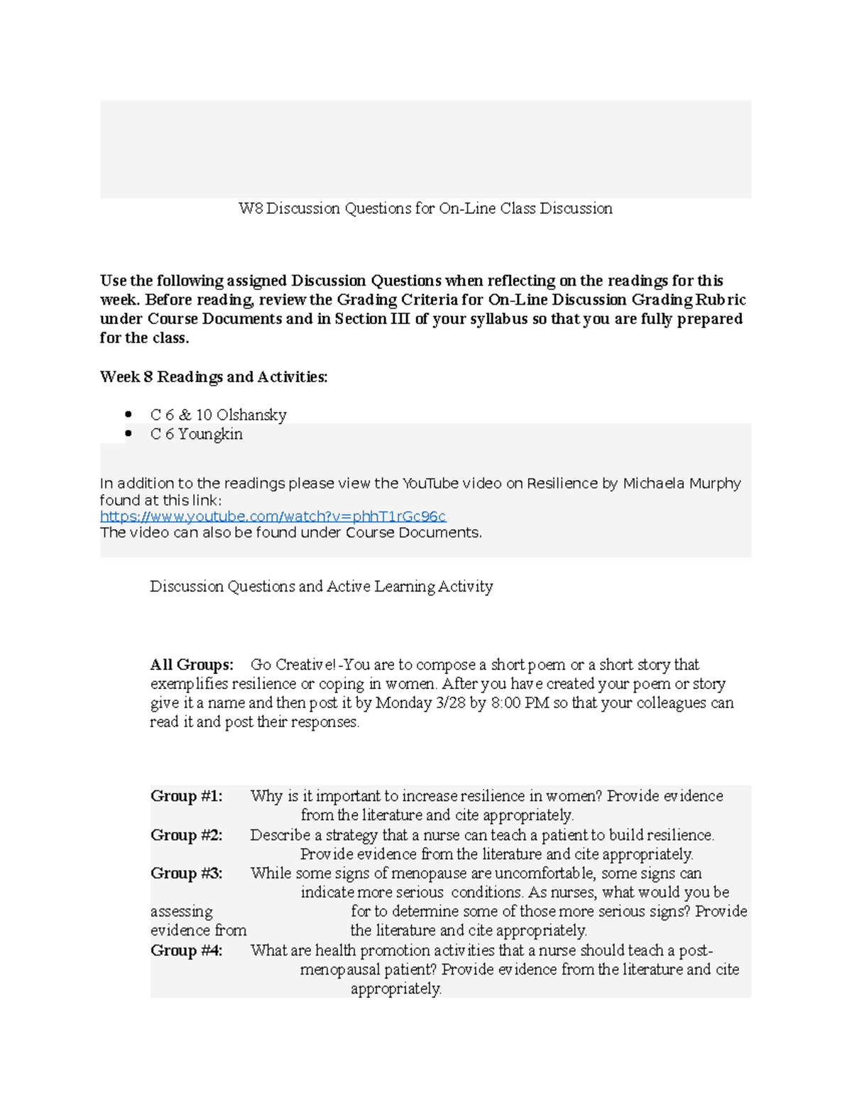 W8 On-Line Discussion Questions & Active Learning Activity - W8 ...