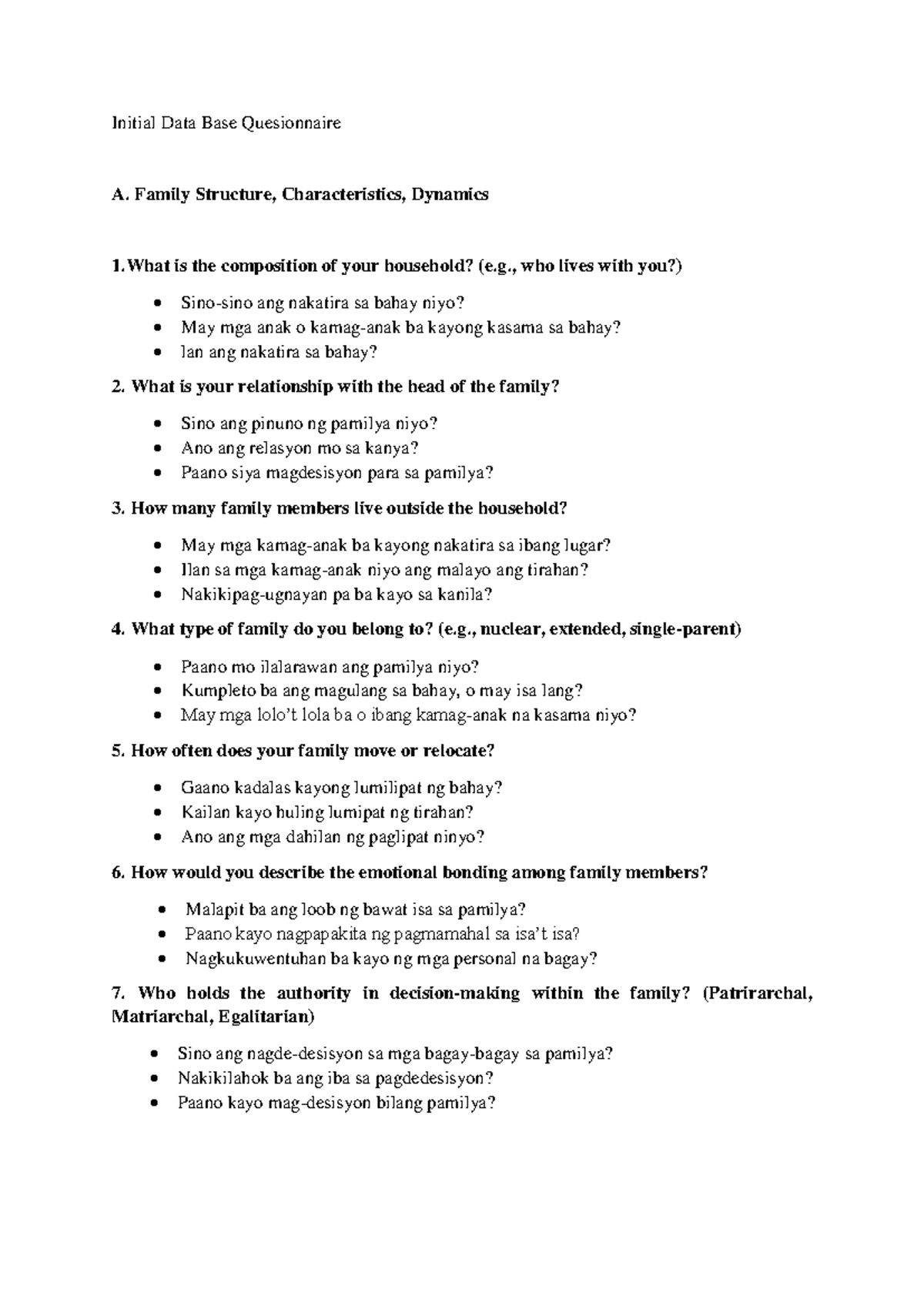 As - This is a questionnaire - Initial Data Base Quesionnaire A. Family ...