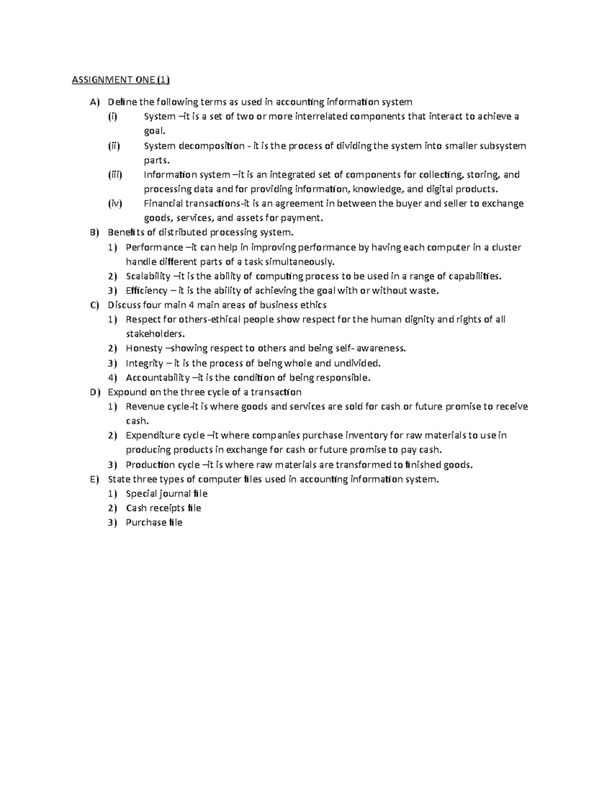 Assign 1 elly - ytui - ASSIGNMENT ONE (1) A) Define the following terms as used in accounting ...