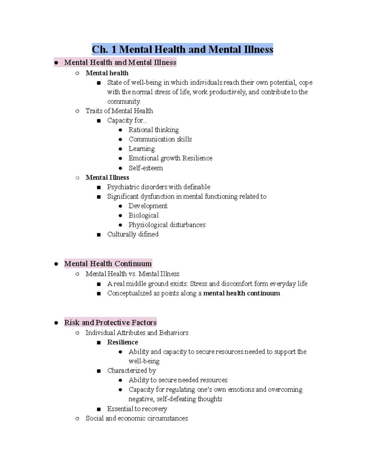 NURS 134 Ch. 1-3 - lecture - Ch. 1 Mental Health and Mental Illness ...