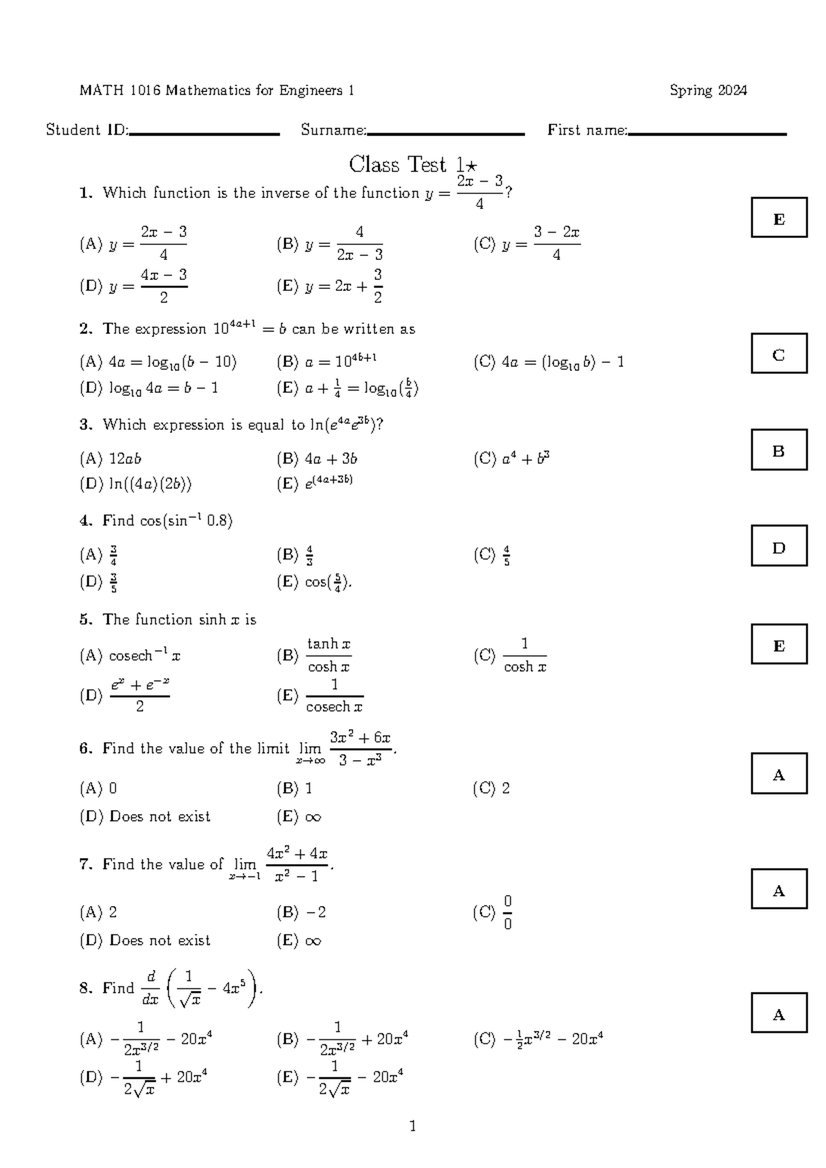 MATH1016 Class Test 1 (Star) - MATH 1016 Mathematics for Engineers 1 ...