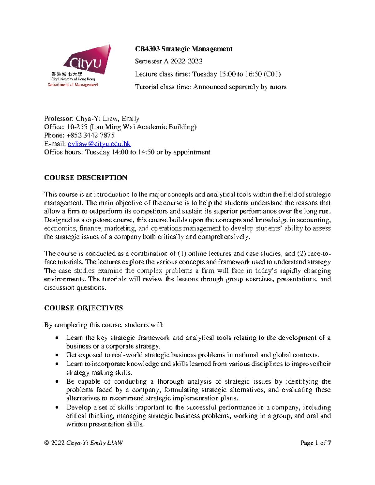 CB4303 course outline 202223 - Department of Management CB4303 ...