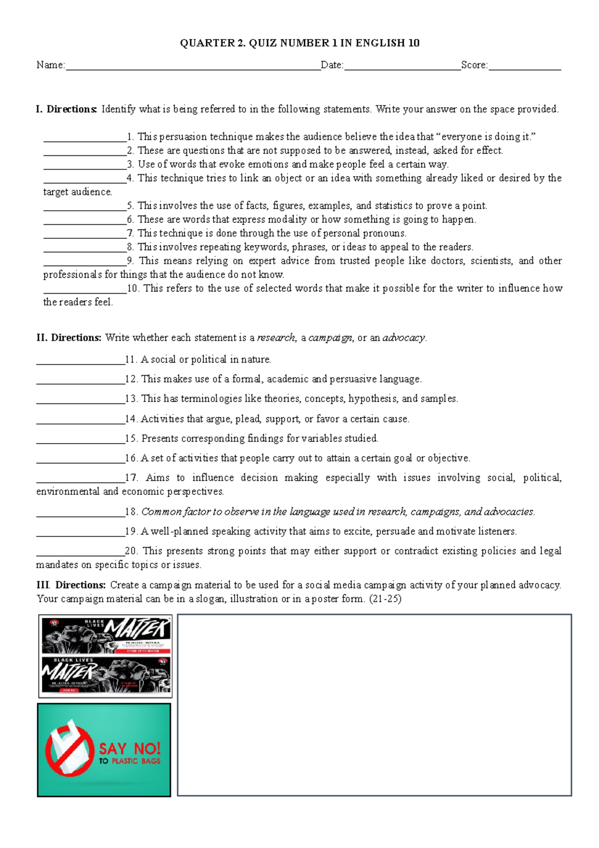 Eng10 - Material - QUARTER 2. QUIZ NUMBER 1 IN ENGLISH 10 - Studocu