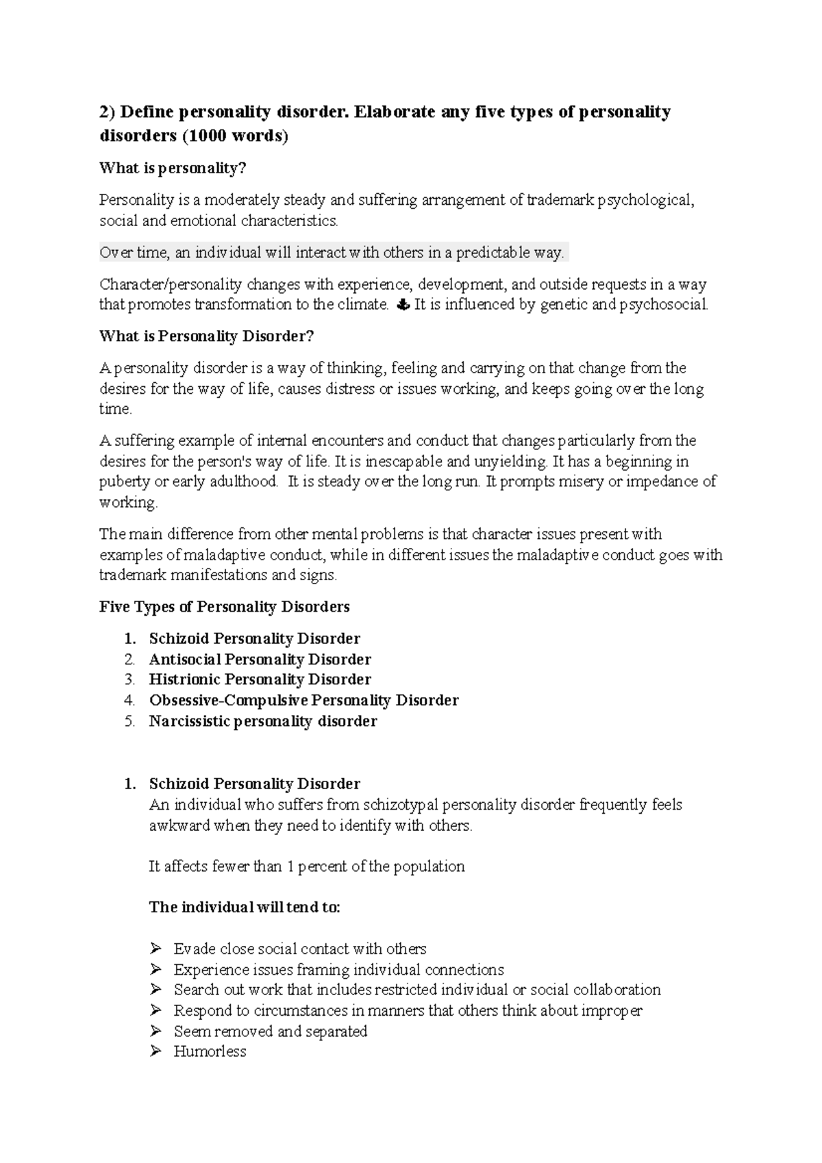 Personality Disorder & types of Personality Disorder - 2) Define ...