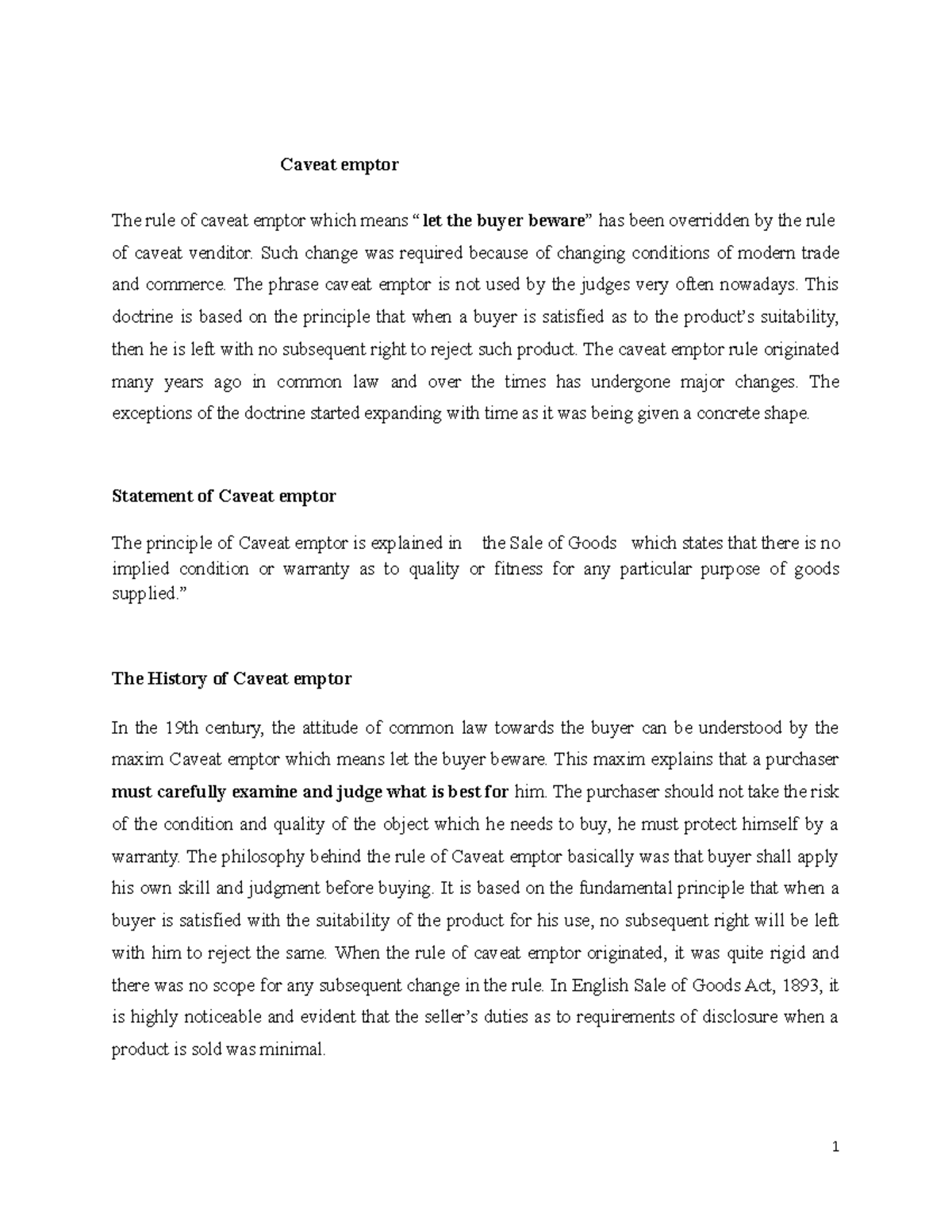 Hire purchase andc - commercial law notes - Caveat emptor The rule of ...