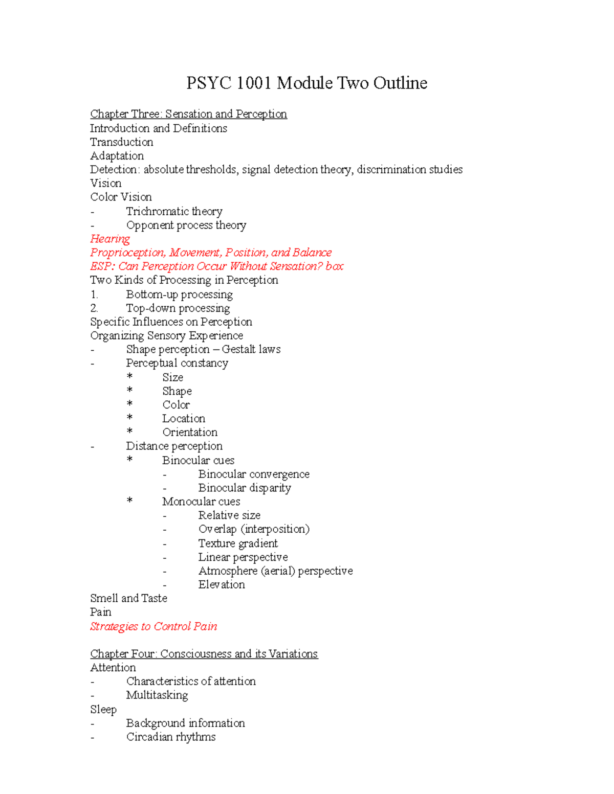 1001 Module Two Outline - PSYC 1001 Module Two Outline Chapter Three: Sensation and Perception ...