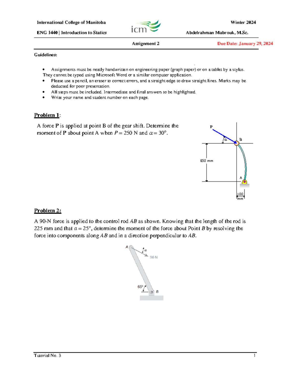 Assignment 2 - International College of Manitoba Winter 2024 ENG 1440 | Introduction to Statics ...
