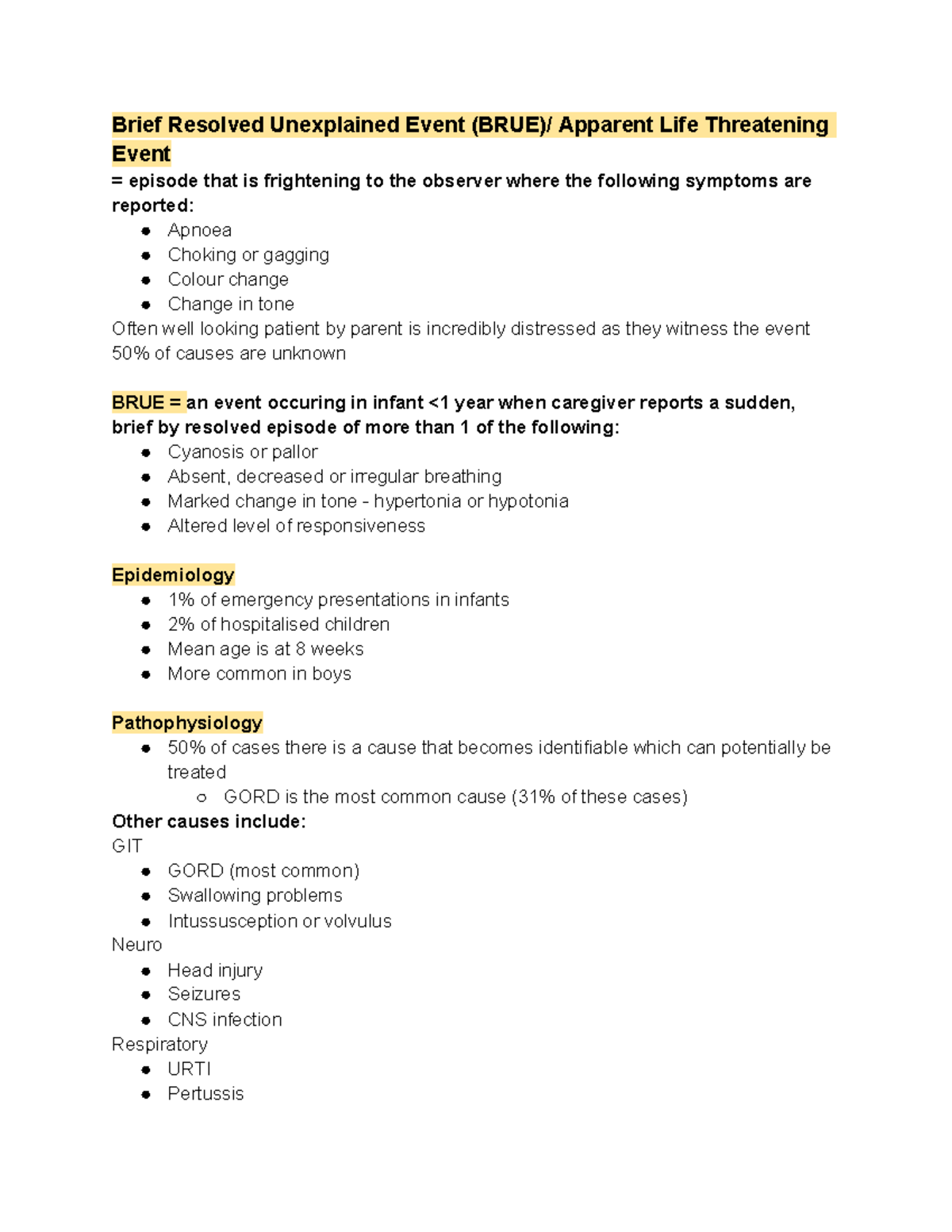 Brief Resolved Unexplained Event (BRUE) - Studocu