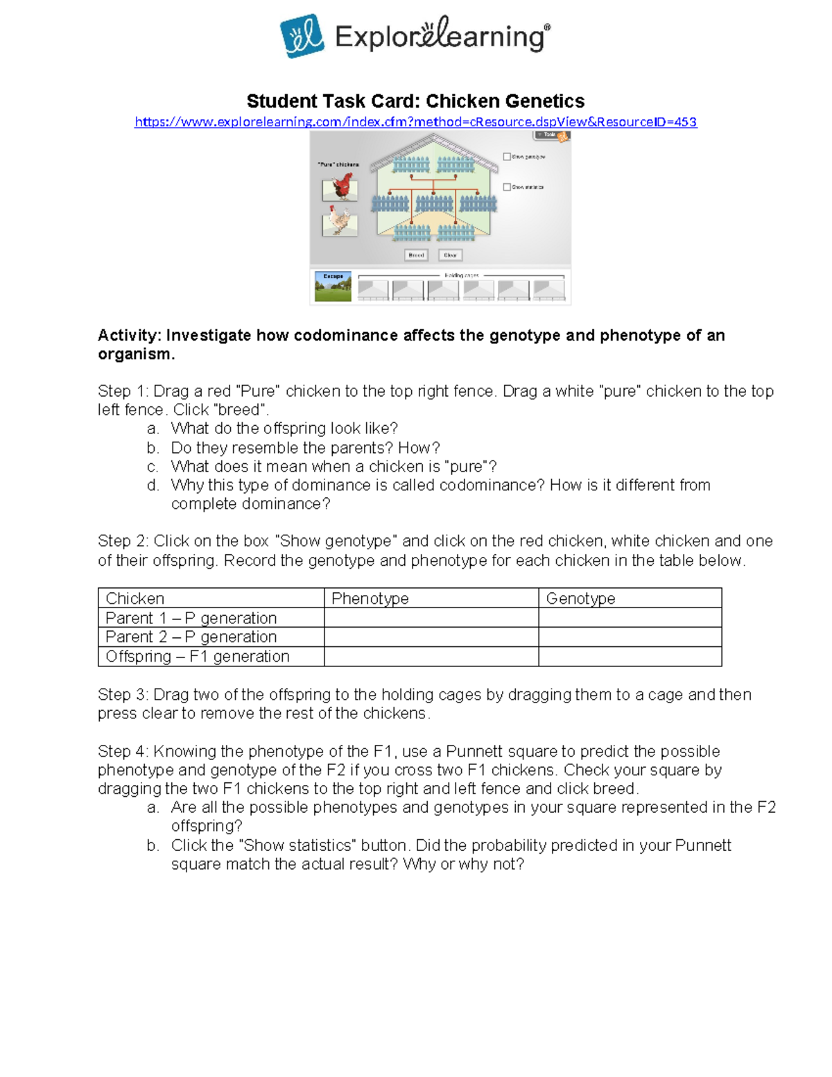 Explore Learning LM 1586284684215 - Student Task Card: Chicken Genetics ...