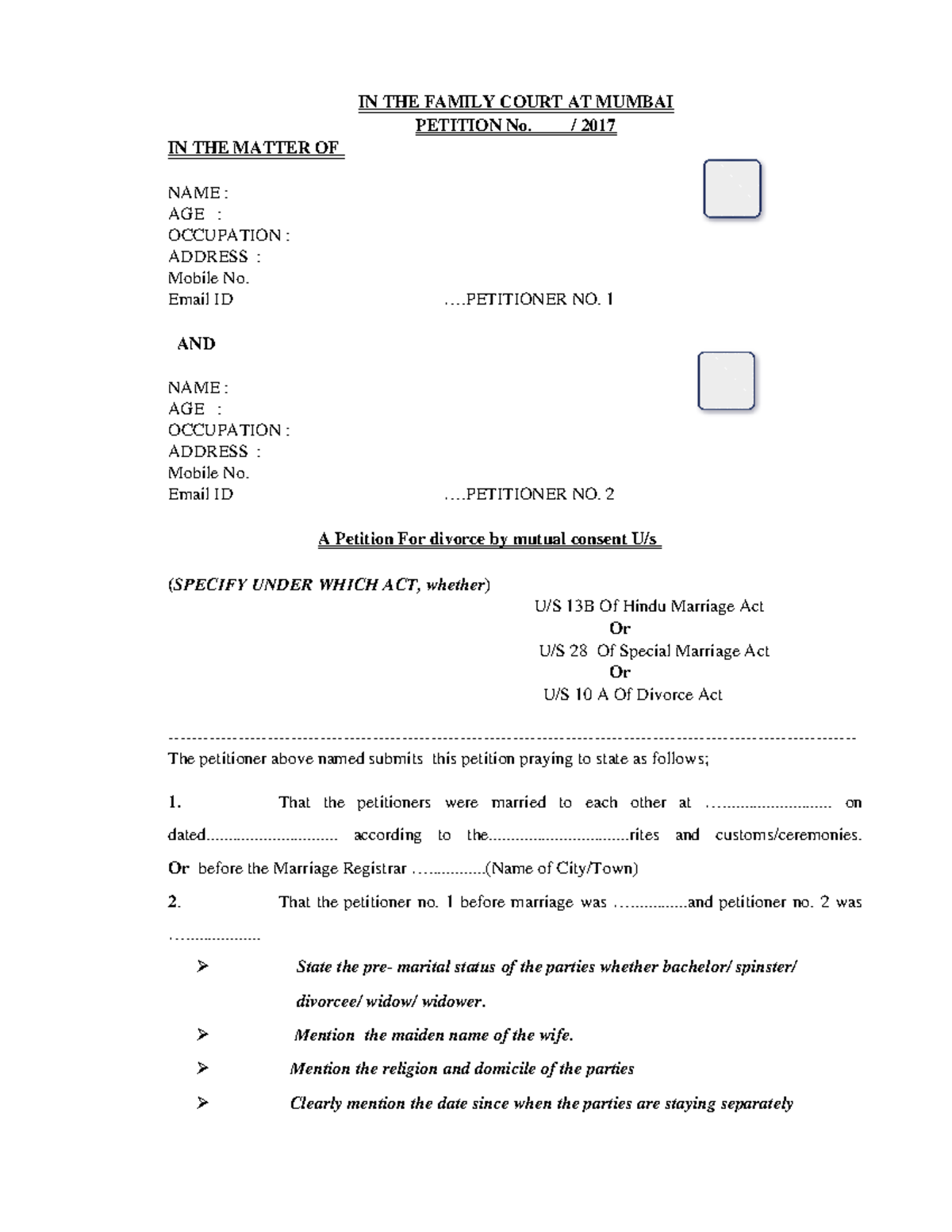 Petitoin Format - F (Mutual Consent) - IN THE FAMILY COURT AT MUMBAI ...