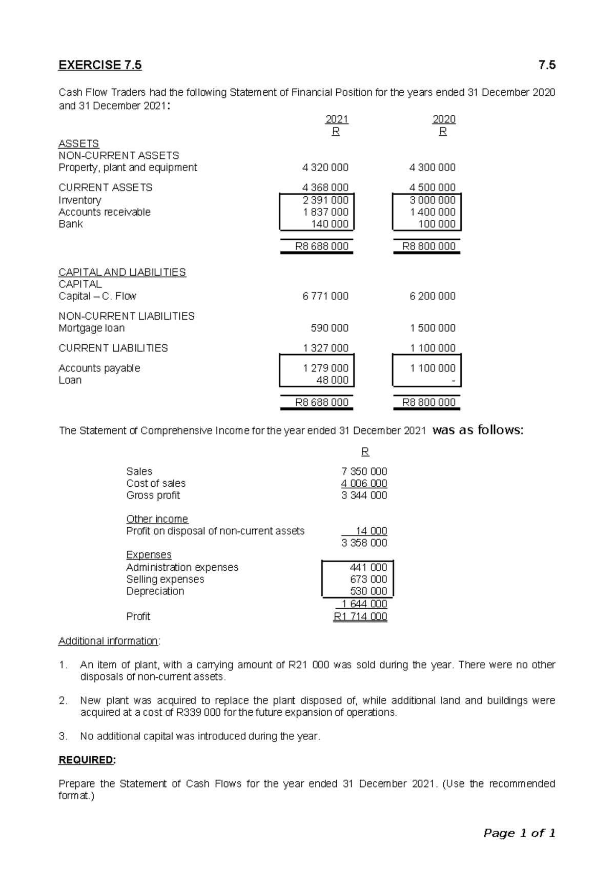 Exercise 7.5 (2024) - EXERCISE 7 7. Cash Flow Traders had the following ...