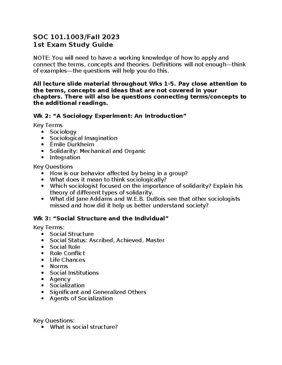 1st Exam-SG-F23 - HDFS 201 Exam 1 Study Guide - SOC 101/Fall 2023 1st Exam Study Guide NOTE: You ...