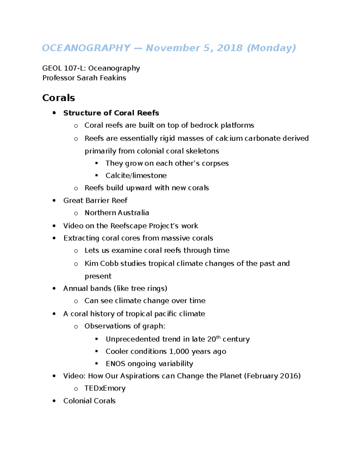 GEOL 107 11.5.18 - OCEANOGRAPHY — November 5, 2018 (Monday) GEOL 107-L ...