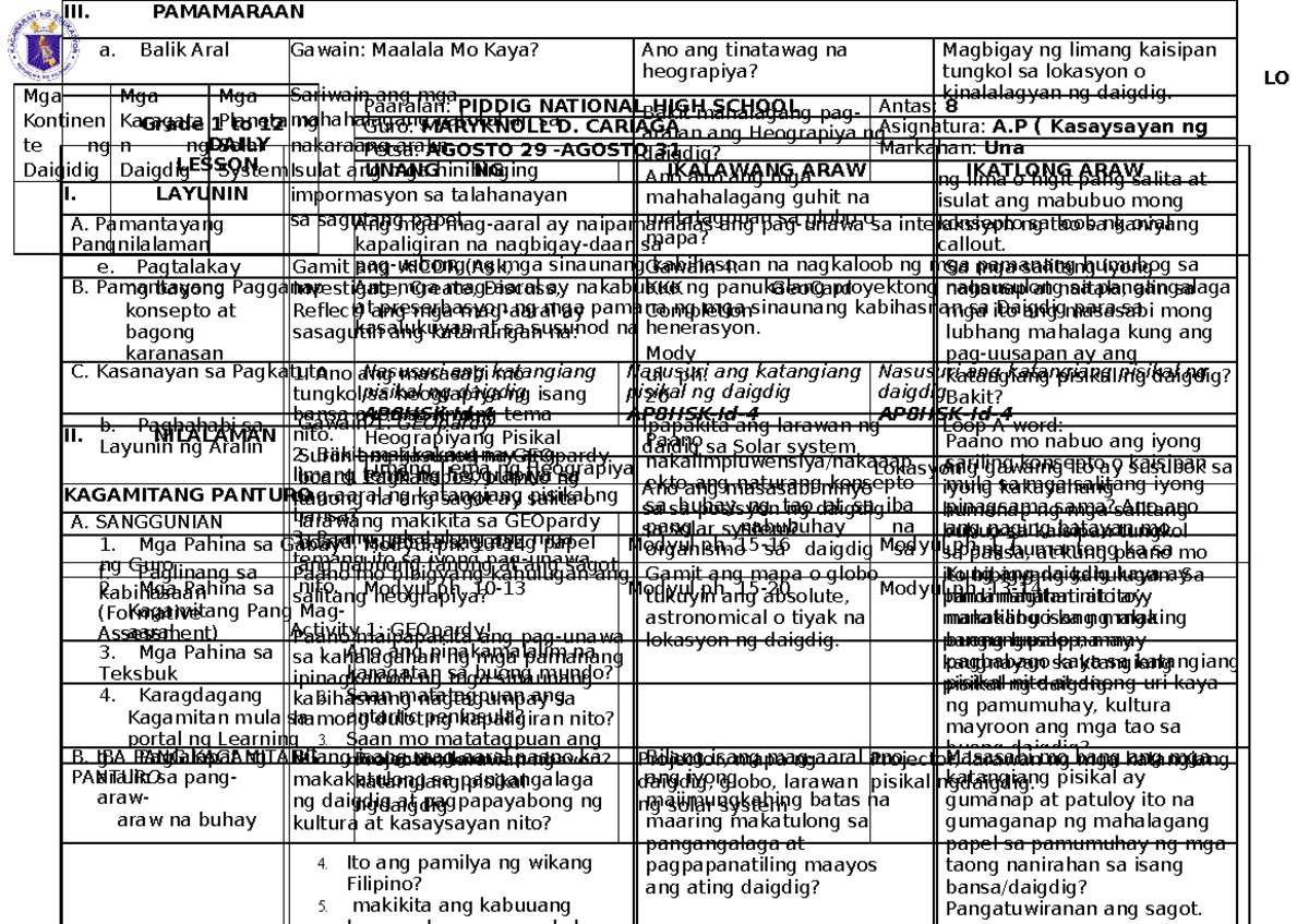 AP8 Q1-W1 DLL - detailed lesson log melcs based - Grade 1 to 12 DAILY ...