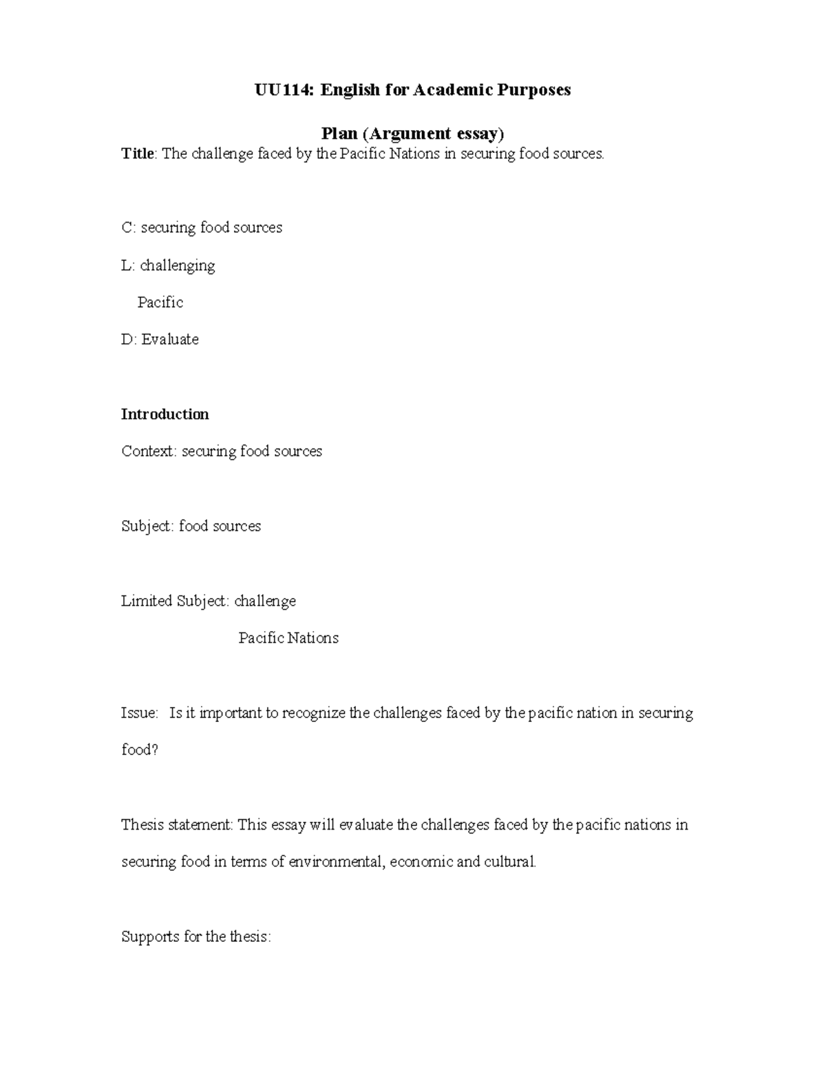 Assignment 1 - UU114: English for Academic Purposes Plan (Argument ...