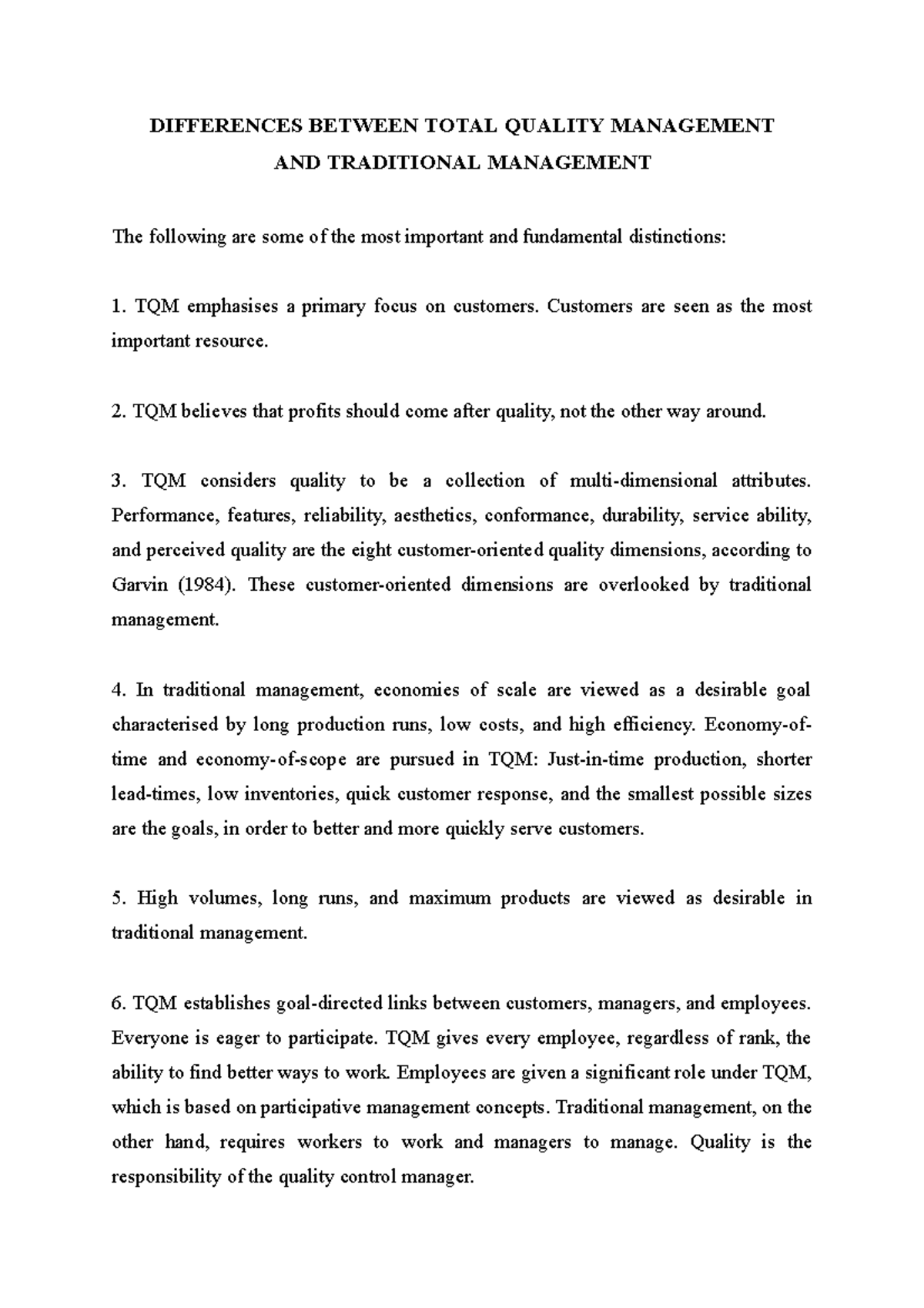 Differences Between Total Quality Management AND Traditional Management ...
