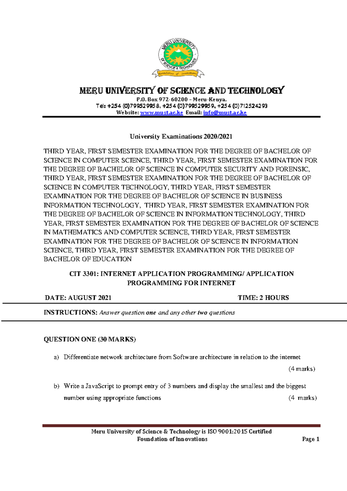 CIT 3301 Internet Application Programming Application 2 - MERU UNIVERSITY OF SCIENCE AND - Studocu