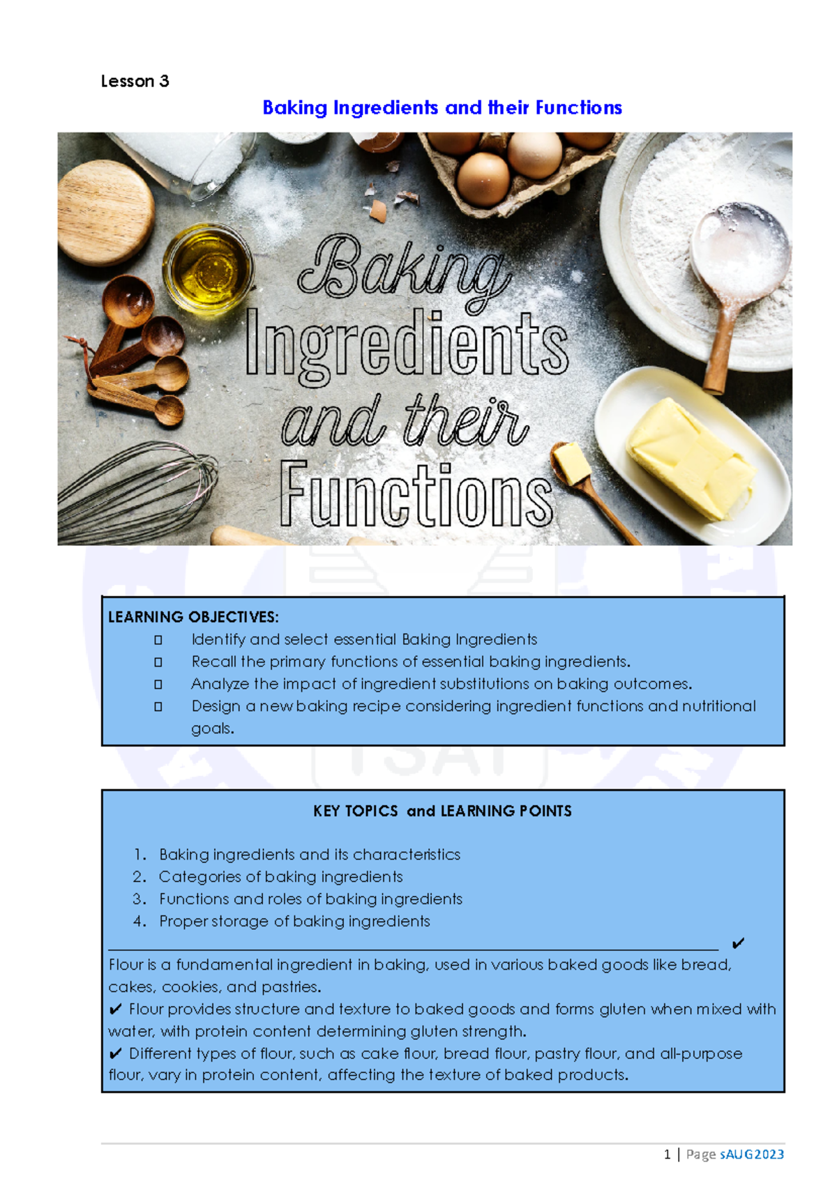 Lesson 3 - Baking Ingredients and their Functions - Lesson 3 Baking ...