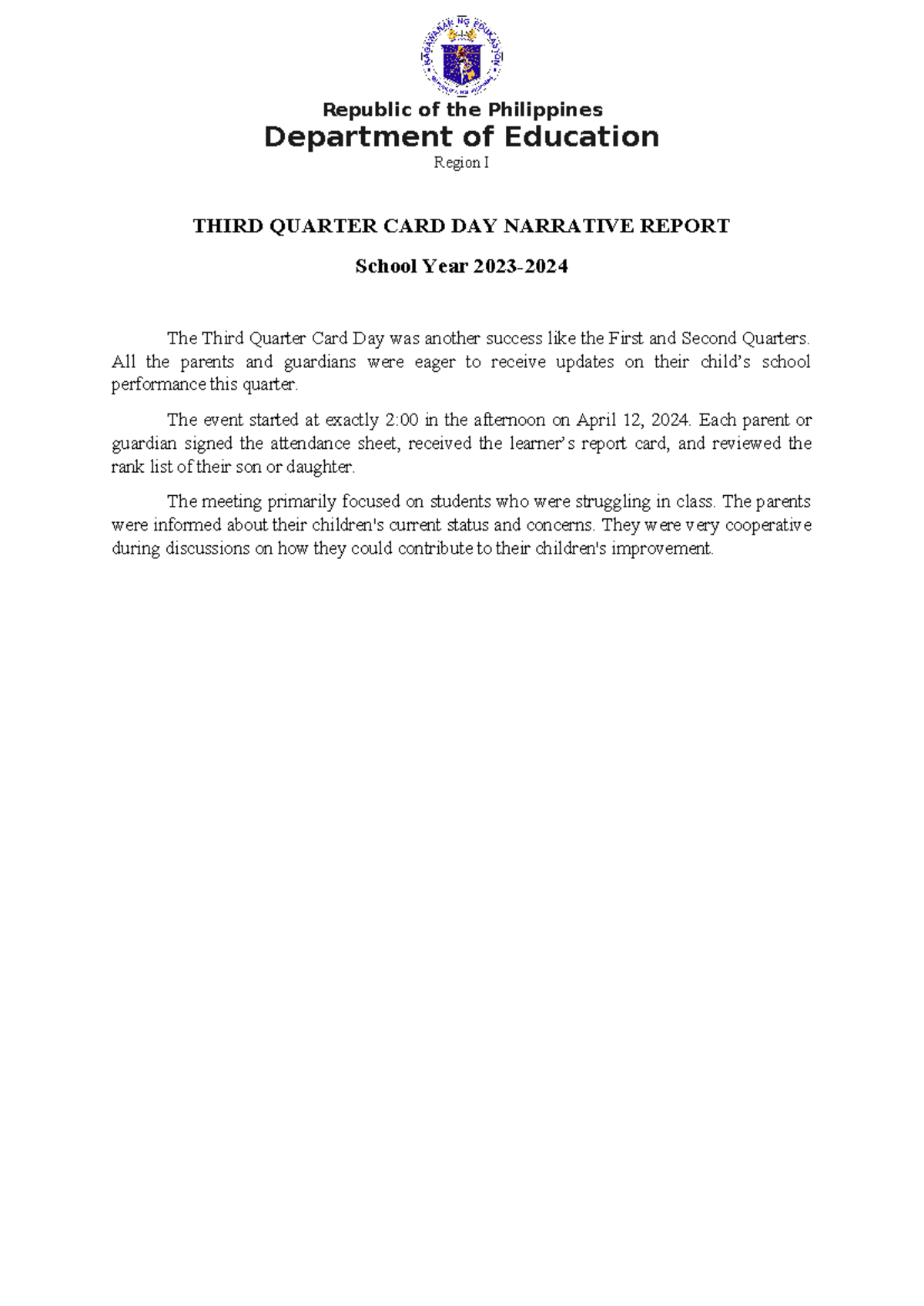 Card Day Narrative Report-j - Republic of the Philippines Department of ...