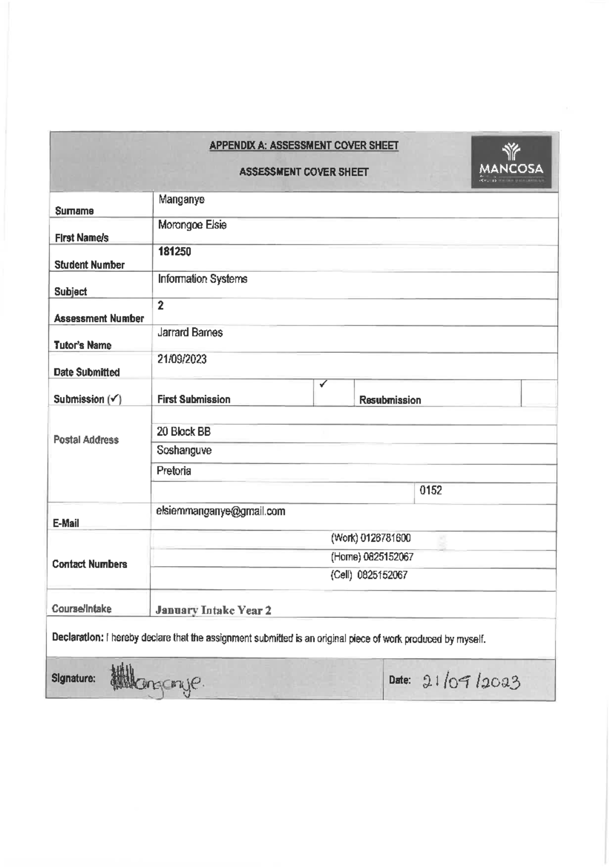 Infomation Systems - Assessment - APPENDIX A: ASSESSMENT COVER SHEET ...