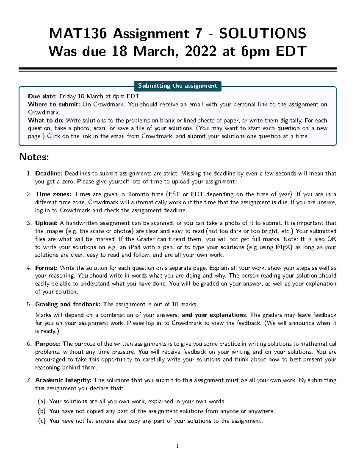 MAT136 Written Assignment 7 solutions - MAT136 Assignment 7 - SOLUTIONS Was due 18 March, 2022 ...