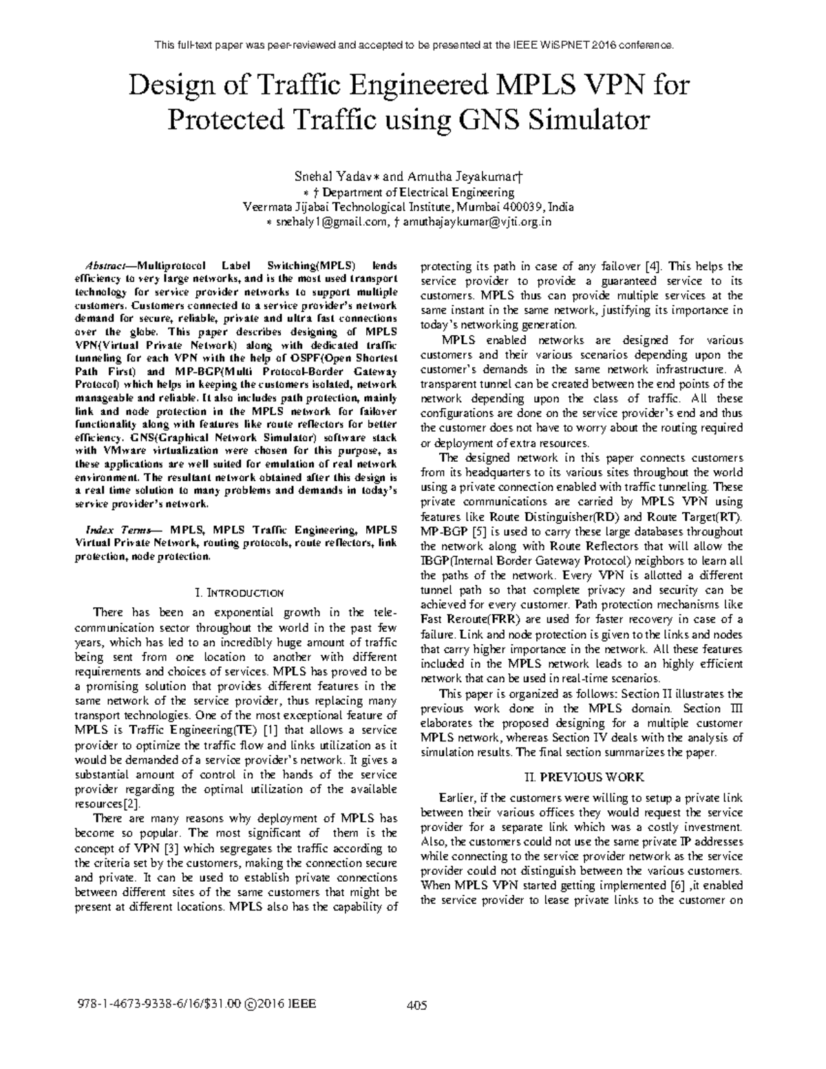 Design Of Traffic Engineered Mpls Vpn For Protected Traffic Using Gns Simulator Design Of