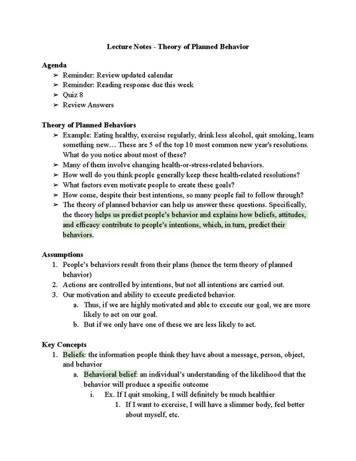4 - lecture notes from class - Lecture Notes - Theory of Planned ...