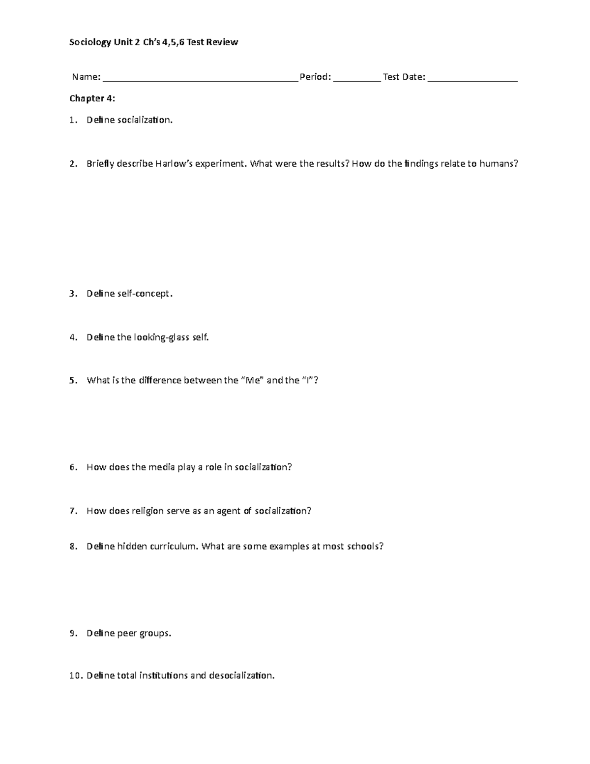 Sociology Unit 2 Review - Chapter 4: Name: _____________________________________ Period ...