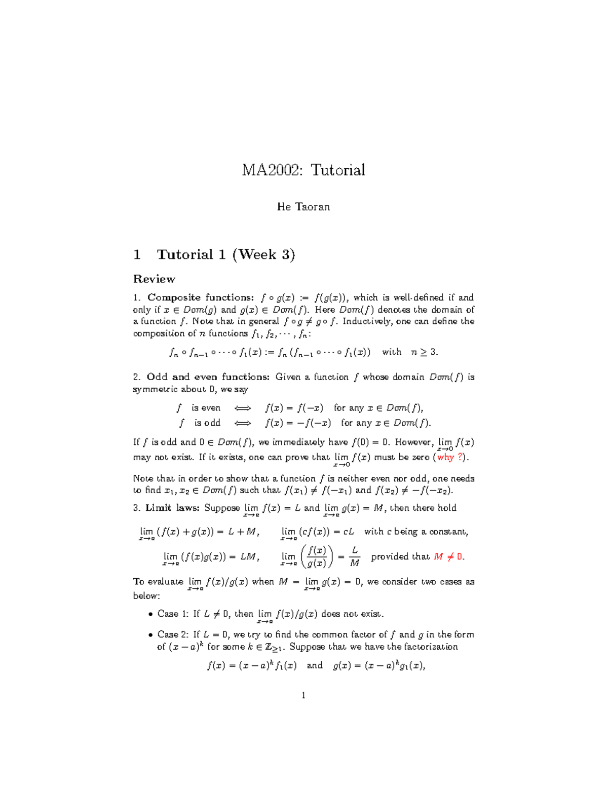 MA2002 Tutorial 1-6 - MA2002: Tutorial He Taoran 1 Tutorial 1 (Week 3) Review Composite ...
